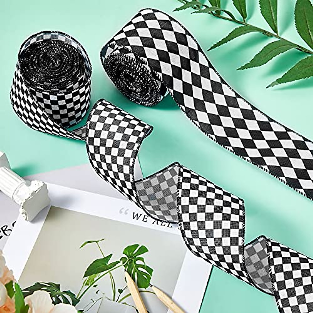 2 Rolls/ 20 Yards Black and White Checkered Ribbons Buffalo Plaid Wired Edge Ribbon Diamond Check Gingham Wrapping Ribbon for Christmas Tree DIY Hair Bow Wreath Decors Crafts, 2 Styles (2.5 Inch Wide)