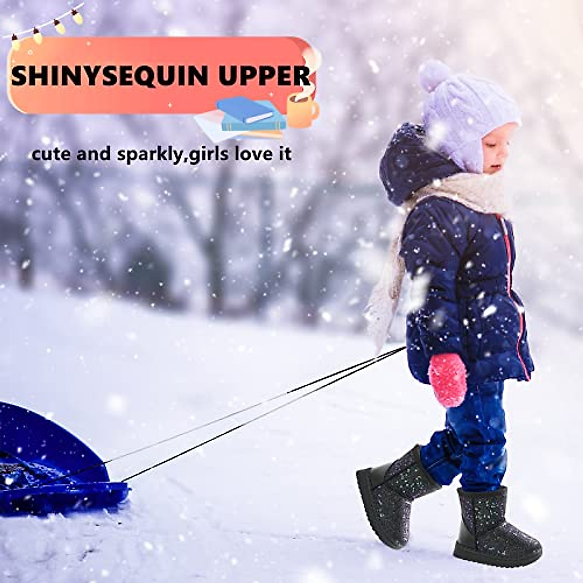 Elcssuy Girls Glitter Snow Boots Toddler/Little Girls Warm Winter Comfy Outdoor Sparkle Boots (1 Little Kid, Black, numeric_1)