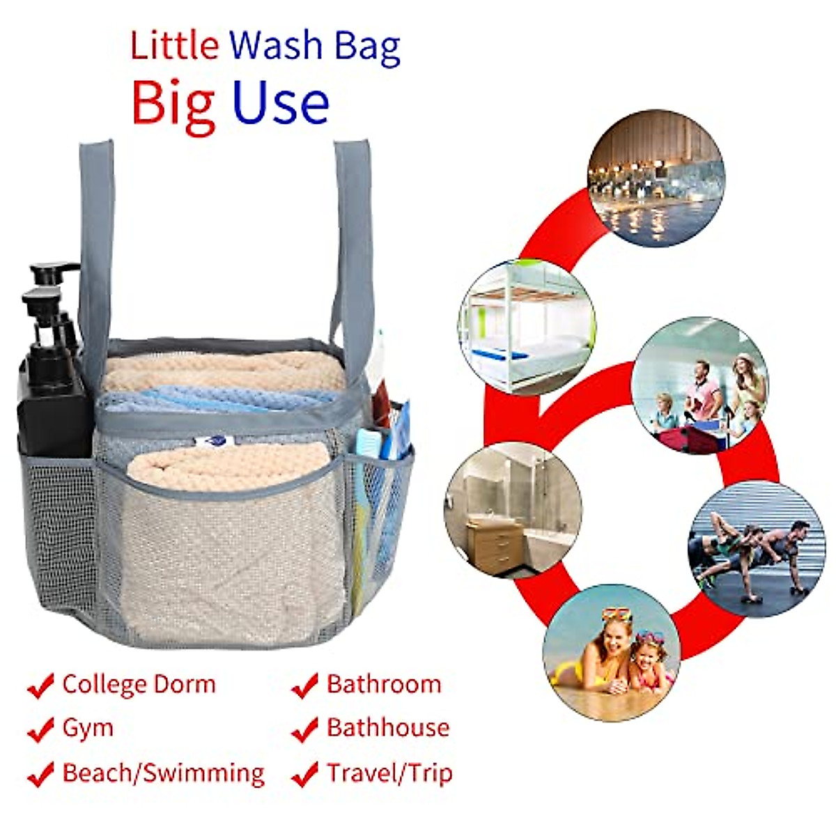 Nvatorfox 2 Pack Haundry Mesh Shower Caddy Tote Bag Hanging Portable Toiletry Bag College Dorm Essentials Quick Dry Bath Organizer for College Dorms, Gym, Camp for Bathroom Accessories(Grey + Black)