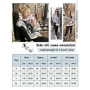 ECOWISH Women Side Split Sweatshirt: Fall Crewneck Long Sleeve Oversized Camo Shirts Casual Camouflage Print Pullover Tops 017 Gray Green M