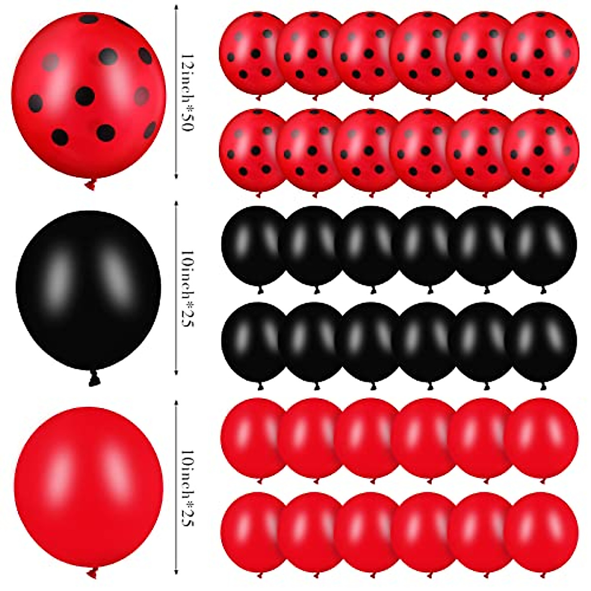 100 Pieces Ladybug Party Supplies Ladybug Balloons Black Red Polka Dots Latex Balloons Ladybird Spot Balloons Party Decor Birthday Wedding Supplies (Mixed Style,12 Inch, 10 Inch)