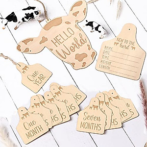 Huray Rayho Cow Baby Monthly Milestone Cards Rustic Wooden Herd Cattle Newborn Photography Props to Record Your Baby´s Growth, Gift Set of 14 Reversible Cards for Pregnancy and Baby Shower
