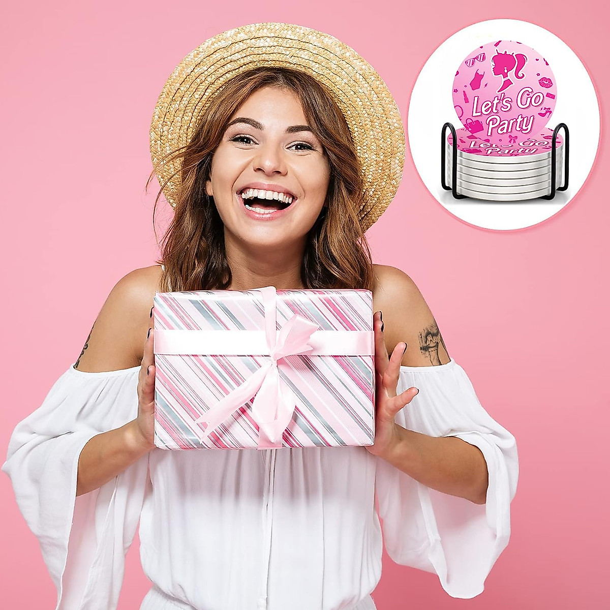 Drink Coasters with Holder, Absorbent Coaster Sets of 6, Let's Go Party Pink Girl Ceramic Coasters for Tabletop Protection,Suitable for All Kinds of Cups, Wooden Table, Cool Home Decor, 4 Inches