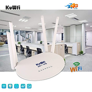 KuWFi 4G LTE Router with SIM Card Slot, 300Mbps Unlocked Wireless WiFi Internet Routers with 4pcs Non-Detachable Antennas for USA/CA/MX[Not for Verizon]