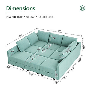 HONBAY Modular Sofa Sectional Sleeper Couch with Ottomans Reversible Sleeper Sectional Sofa Modular Couch with Storage, Aqua Blue
