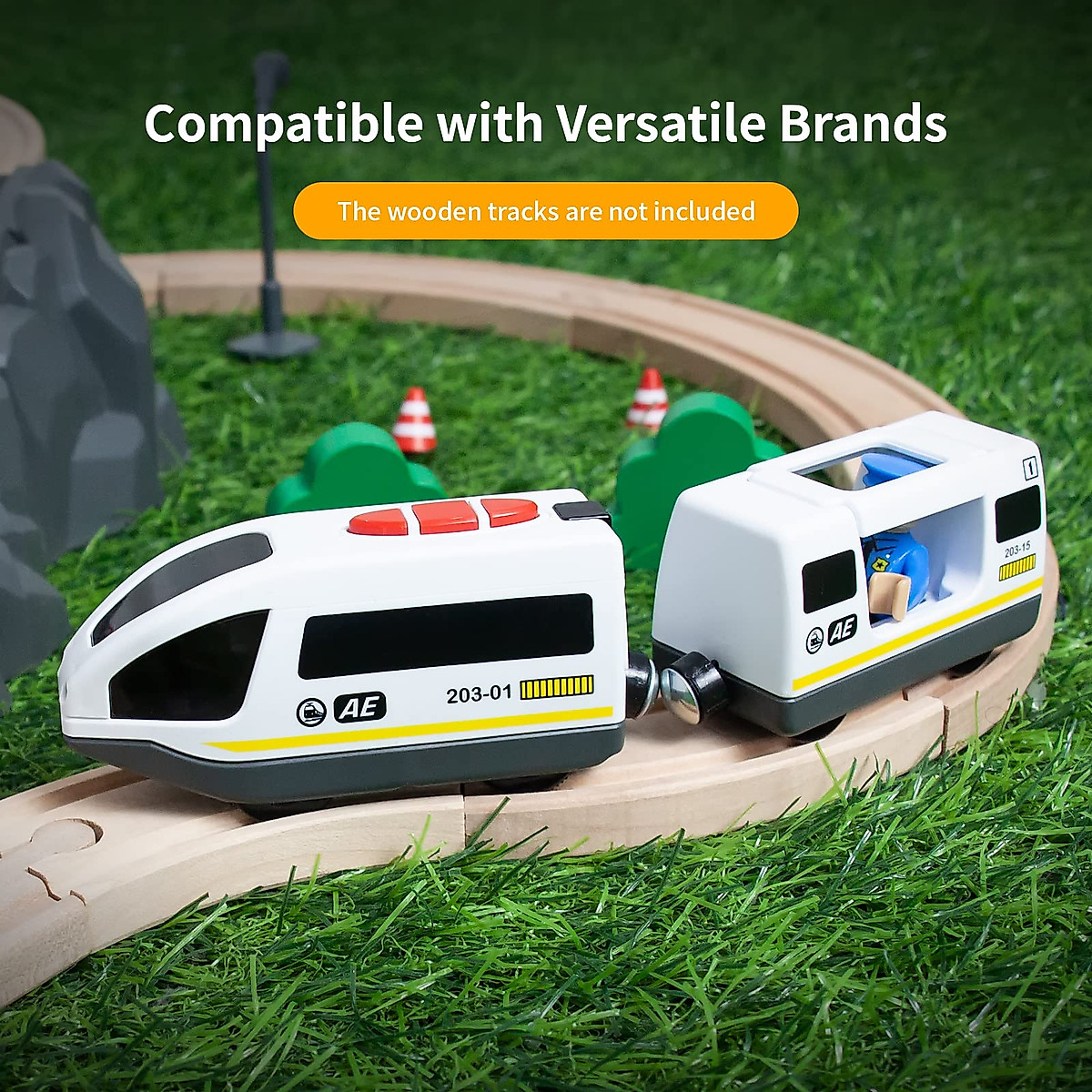 Wood City Battery Operated Train for Wooden Train Track, Electric Locomotive Train Set with Powerful Engine Compatible with Thomas, Brio, Chuggington, Bullet Train Toys for Toddlers 3 4 5 Year Olds