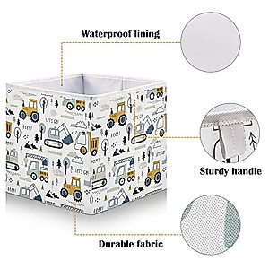 Ollabaky Truck Tractor Bulldozer Excavator Cars Cube Storage Bin, Foldable Fabric Storage Cube Basket Cloth Organizer Box with Handle for Closet Shelves, Nursery Storage Toy Bin - S
