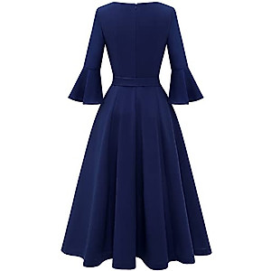 Modest Dresses for Women 3/4 Sleeve Vintage Wedding Guest Midi Dress Long Sleeve Dress for Women Fit and Flare Tea Party Homecoming Dress Navy L