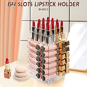 display4top Lipstick Holder, Acrylic Rotating 64 Lipstick Tower Organizer, 360 Degree Spinning Lipstick Tower Lipgloss Stand with Removable Dividers