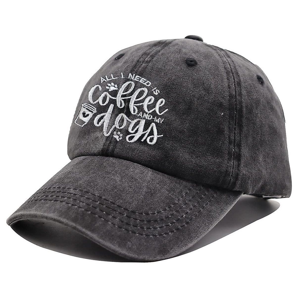 All I Need Is Coffee and My Dogs Hat, Dog Dad & Mom Baseball Cap, Coffee Life Adjustable Embroidered Distressed Denim (Embroidered Black, One Size)