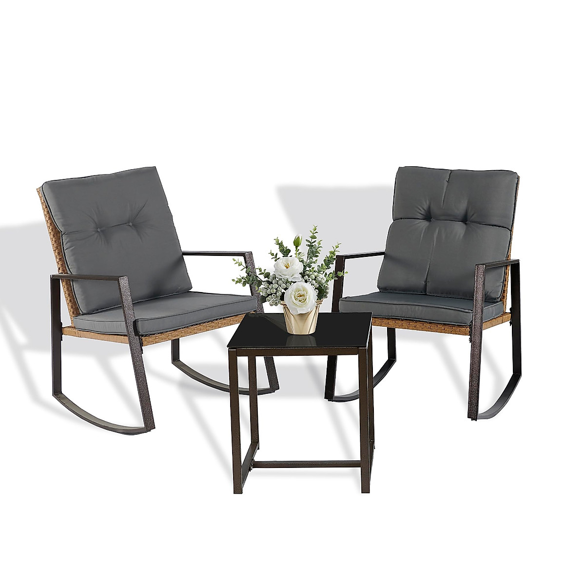 VSMKSJ 3 Pieces Patio Rocking Chairs Set of 2, Outdoor Wicker Patio Sets Conversation Coffee Table for Front Porch,Balcony,Garden,Poolside,Washable Cushion (Grey)