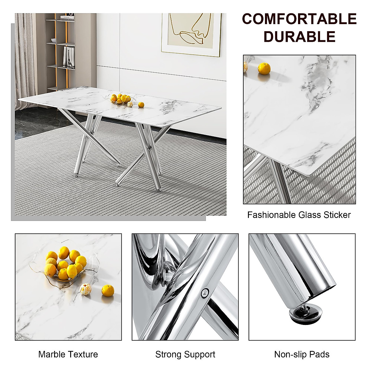 WOXYX Modern Large Simple Rectangular Glass Dining Table for 6-8 People with 0.39-inch White Imitation Marble Desktop and Silver Metal Legs, Black