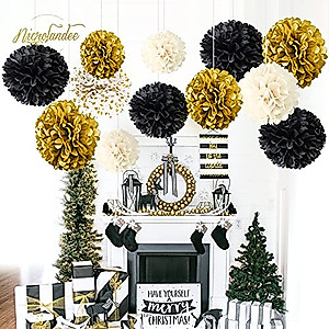 NICROLANDEE Black Gold Party Decorations - 12 PCS Black Gold White Tissue Paper Pom Poms for Wedding, Birthday, Bachelorette, Bridal Shower, Prom, Gruaduation, Festival Decorations