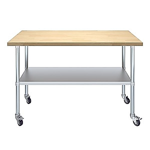 AmGood 24" x 60" Maple Wood Top Work Table with Adjustable Undershelf with Wheels