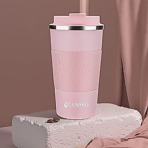 AQUAPHILE Reusable Coffee Cup, Coffee Travel Mug with Leak-proof Lid, Thermal Mug Double Walled Insulated Cup, Stainless Steel Portable Cup with Rubber Grip, for Hot and Cold Drinks(New-Pink, 12 Oz)