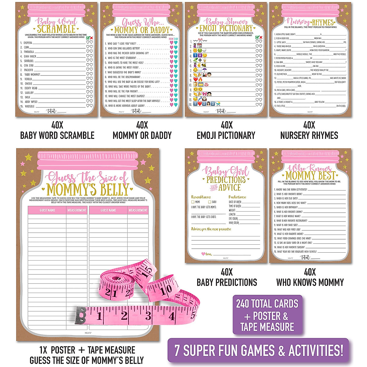 Neatz Baby Shower Games for Girl - Huge Set, 7 Games - Hilarious Baby Shower Games, Baby Prediction Cards, Mason Jar Baby Shower Decorations for Girl