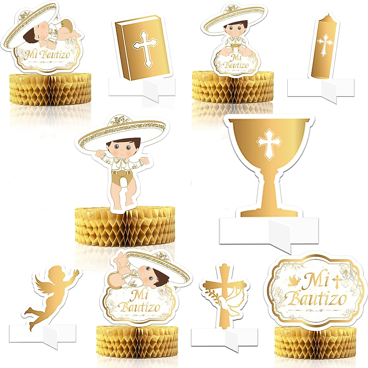 Mi Bautizo Decorations-First Communion Honeycomb Centerpieces Double Sided Table Toppers for Boy Baptism Party Decor Christening 3D Table Toppers God Bless First Communion