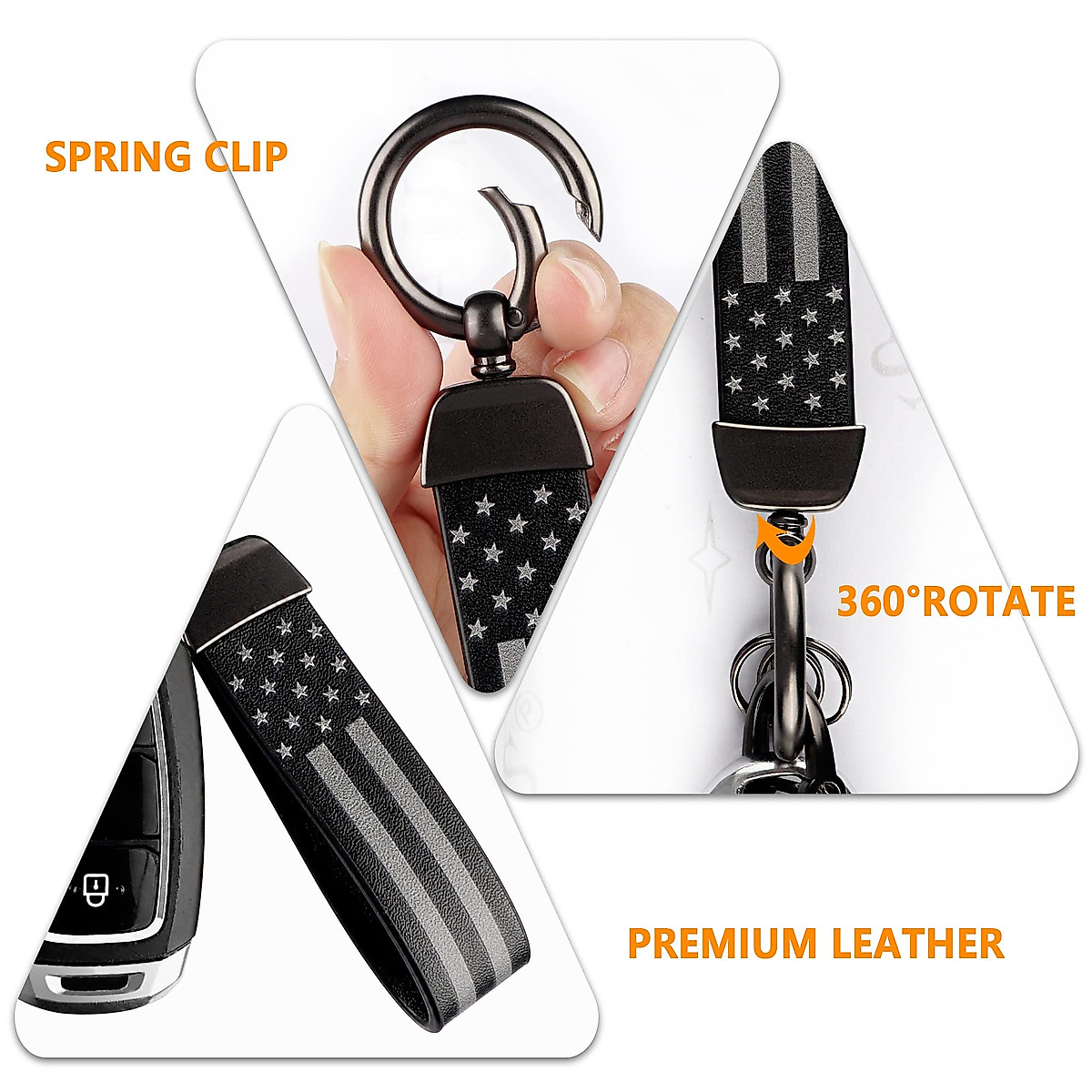 Turcee Leather American Flag Car Keychain,US Flag Car Key Fob,Zinc Alloy Anti-Lost D-ring Key Fob Keychain for Men and Women