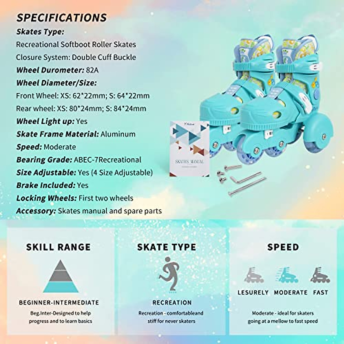 MammyGol Roller Skates for Girls Kids, 4 Size Adjustable Rainbow Quad Skates with All Light Up Wheels for Toddlers Boys Outdoor Indoor