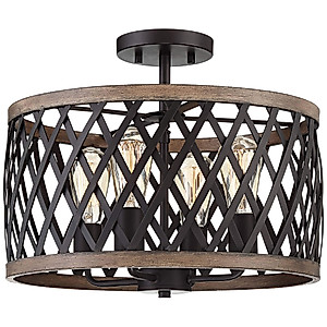 Franklin Iron Works Trey Farmhouse Rustic Close to Ceiling Light Semi Flush Mount Fixture 16" Wide 4-Light Bronze Woodgrain Drum Shade for Bedroom Hallway Living Room Dining Room Bathroom Kitchen