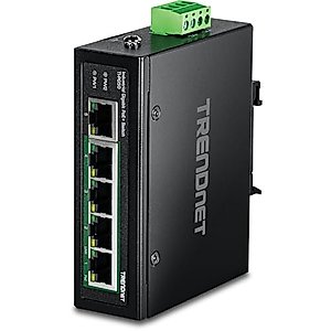 TRENDnet 5-Port Hardened Industrial Unmanaged Gigabit Switch, TI-PG50, 10/100/1000Mbps, DIN-Rail Switch, 4 x Gigabit PoE+ Ports, 1 x Gigabit Port, Gigabit Ethernet Network Switch, Lifetime Protection