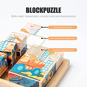 JOCY Wooden Block Puzzle Toddler 1-3-5 Years Kid Montessori Learning Games Educational Interactive Toys, Preschoolers Cube Puzzle with Storage Tray - 6 Puzzles 1 (Farm)