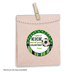 Kick Out of You Soccer-Themed Valentine Party Favor Sticker Labels, 40 2" Party Circle Stickers by AmandaCreation, Great for Classroom Valentines, Envelope Seals, Gifts & Treats