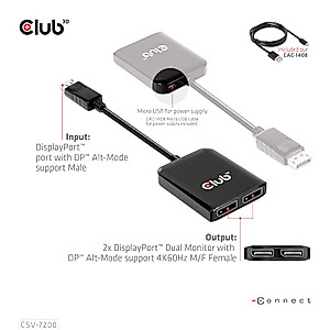 Club 3D CSV-7200 Displayport 1.4 to Displayport Dual Monitor 4K 60Hz M/F MST hub
