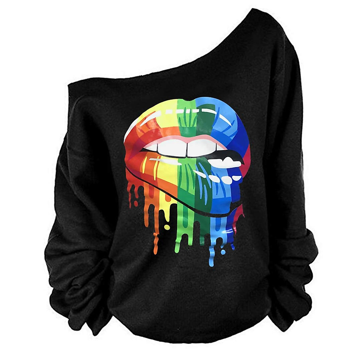 MAGICMK 80s Outfit for Women,Off Shoulder Long Sleeve,80s Outfit Sweatshirt Slouchy Printed Neon Long Tunics Top for Party (4XL)