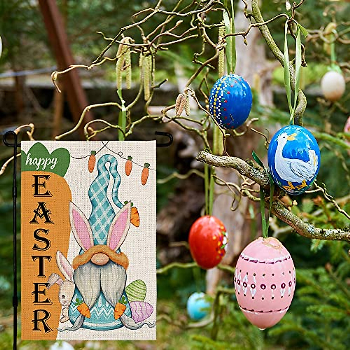 CROWNED BEAUTY Happy Easter Garden Flag Blue Gnome 12×18 Inch Double Sided Carrots Eggs Outside Vertical Holiday Yard Decor