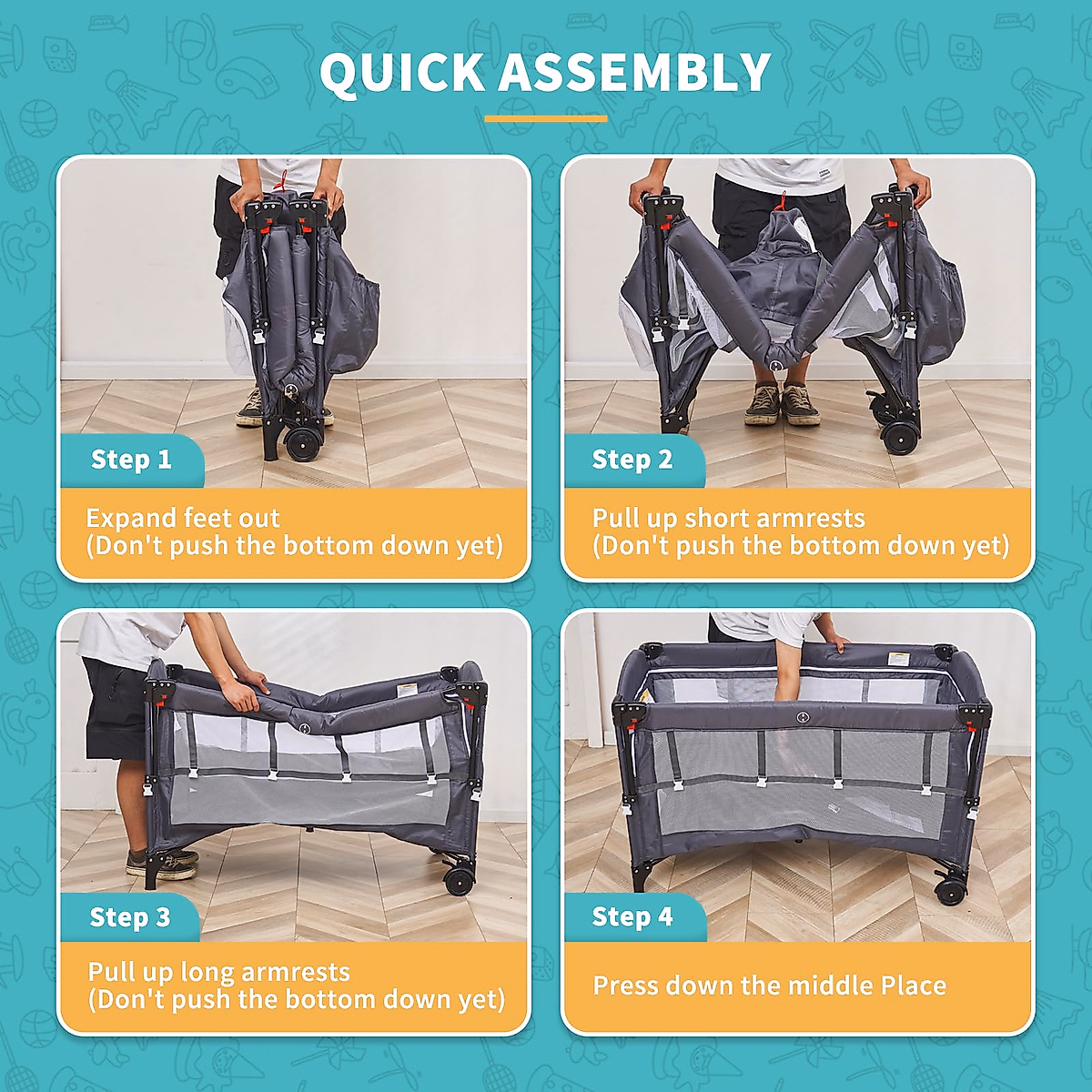 MOOITZ Baby Bassinet Bedside Crib, 6-in-1 Pack and Play with Bassinet, 4 Height Adjustable Bedside Crib, Newborn Portable Bassinet with Wheels, U-Shaped Diaper Table, Music Box & Hanging Toys