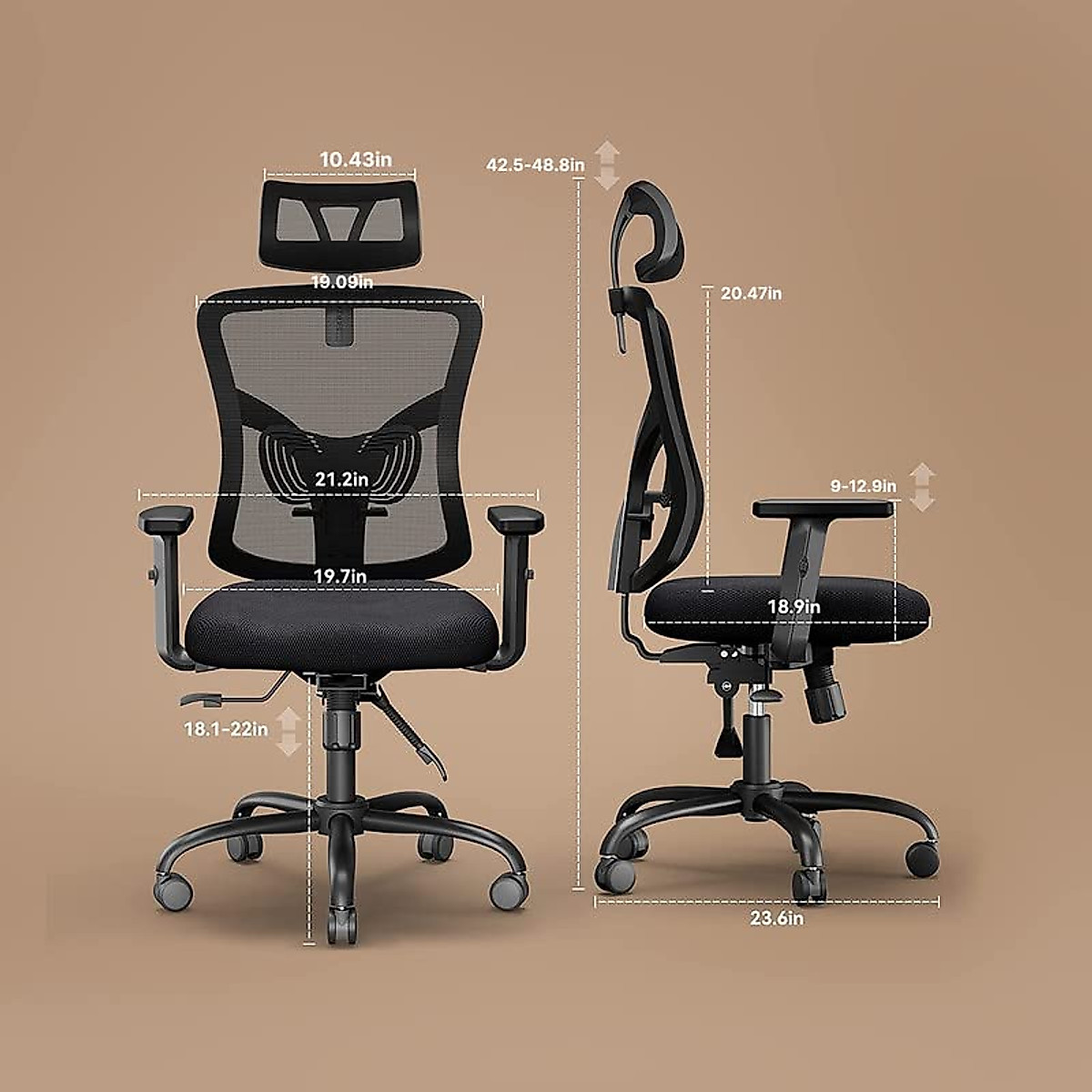 NOBLEWELL Office Chair Ergonomic Office Chair High Back Mesh Computer Chair with Lumbar Support Adjustable Armrest, Backrest and Headrest