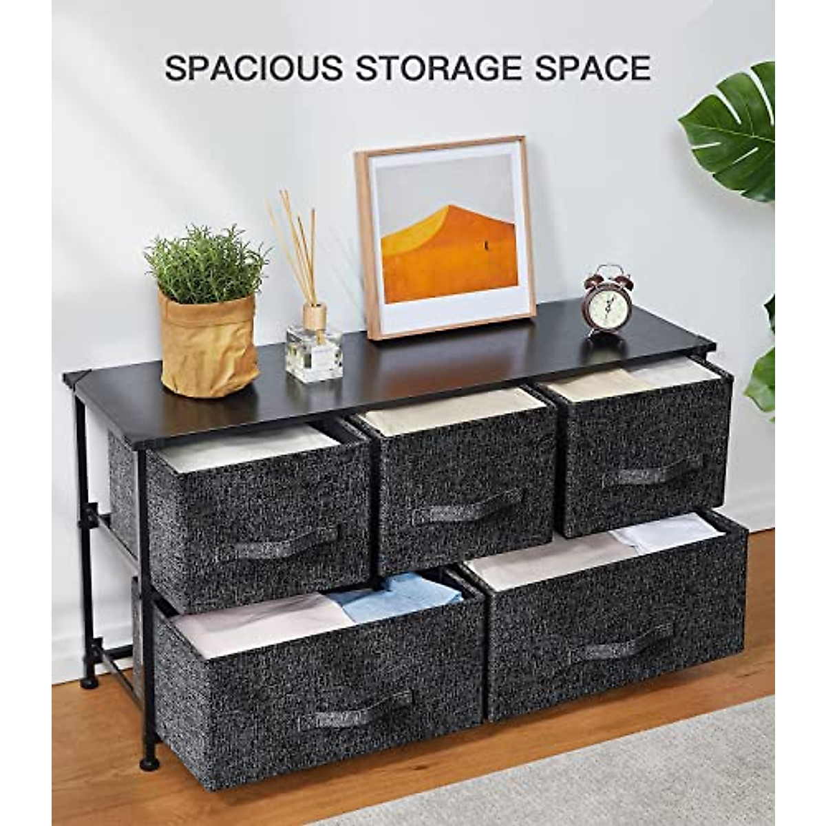 5 Drawers Dresser,5 Black Fabric Dresser for for Bedroom Closets, Living Room, Nursery Room, Hallway Storage Tower Decor