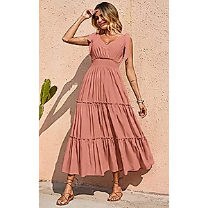 PRETTYGARDEN Women's Cross Neck Summer Sleeveless Tiered Maxi Dress Beach Tie Strap Smocked Long Dresses Pleated Sundress (Nude Pink,Medium)