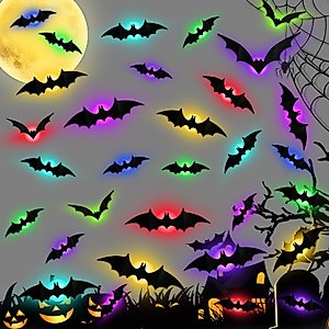 LeeSky 60 Pcs Led Halloween 3D Lighted Bats Decorations Wall Stickers, 4 Different Size Removable PVC Halloween Light Up Bats Wall Sticker Decorations for Indoor Home Decor