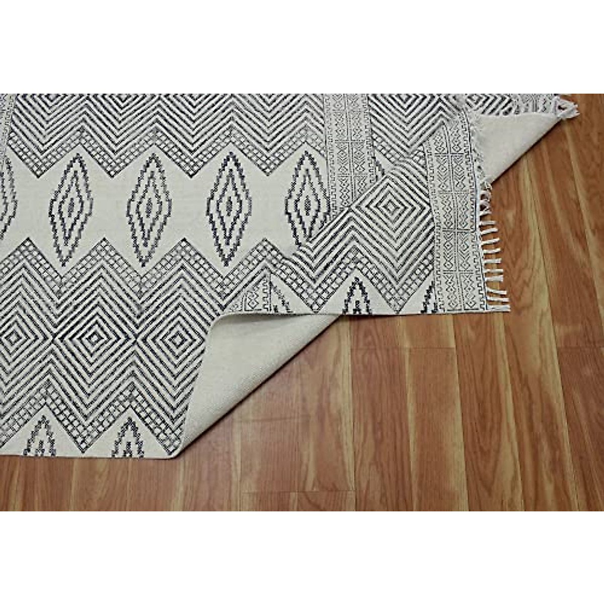 Casavani Hand Block Printed Cotton Dhurrie Geometric Gray & Beige Tassel Rug Easy Care Washable Rugs for Doormat Entryway Living Room Bedroom Hallway Balcony 2.6x10 Feet Runner