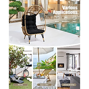 JOINHOM Hand Woven Wicker Egg Chair, Patio Sun Shade Egg Chair with Wide Armrest Allow You to Relax, Strong Metal Frame Lounge Chair w/Cushion for Garden, Balcony, Living Room