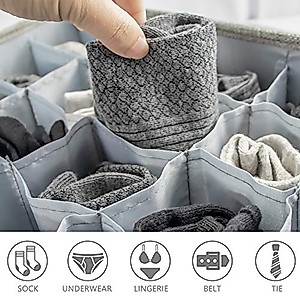 Sock Drawer Organizer Divider 2 Pack Socks Organizer with Lid 30 Cell Foldable Closet Sock Storage Divider Tie Storage Underwear Storage Boxes for Storing Socks Ties Bra Handkerchiefs Belts (Gray)