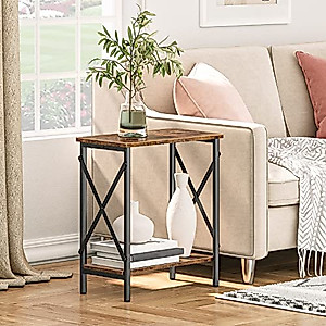 ALLOSWELL Side Tables, Hallway End Tables Set of 2, Narrow Night Stands for Livingroom, Bedroom, with Storage Shelf, Slim Night Tables X-Shaped Design, Industrial Style, Rustic Brown ETHR4801S2
