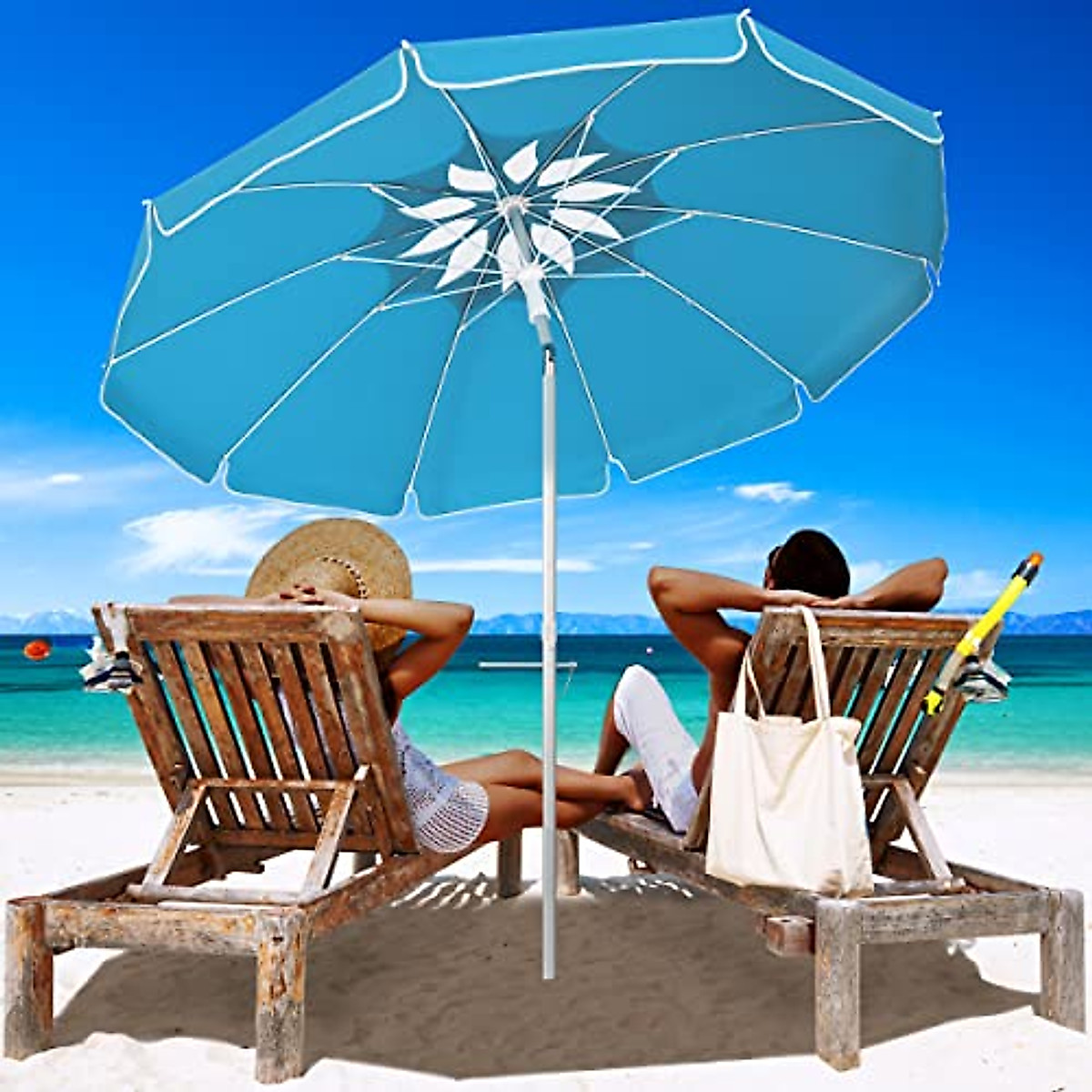 Portable Beach Umbrella for Sand: 7FT Arc Length 6.5FT Diameter Outdoor Umbrella with Anchor Heavy Duty and Adjustable Tilt Pole - UV 50+ Windproof Beach Umbrella with Carry Bag for Beach, Patio, Garden