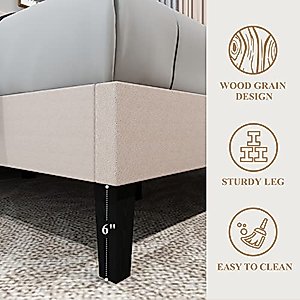 Benevika Full Size Upholstered Platform Bed Frame with Linen Fabric Simple Style Headboard and Wooden Slats Support, Upholstered Mattress Foundation, No Box Spring Needed, Easy Assembly, Beige