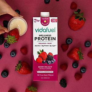 Vidafuel Protein Drink, 16g protein per 2oz shot, 32 fl oz carton, 2 Pack, berry and citrus, collagen and whey drink, no artificial sweeteners
