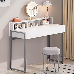 GreenForest Vanity Desk with 2 Drawers, White Makeup Desk with 3 Storage Spaces, 31.5 inch Small Desk with Silver Metal Legs, Modern Home Office Desk for Kids, Bedroom (No Mirror)