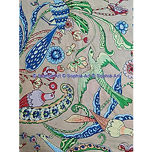 Indian Hand-Block Printed Jaipuri Peacock Bird Print Ethnic Sanganer Kurti Print Cotton Dressmaking Sewing Gypsy Quilting Beautiful Hand Voile Craft Fabric by The Yard (Beige, 5 Yards)