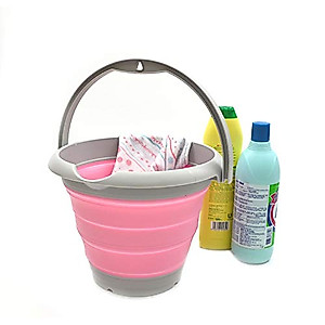 SAMMART 5L / 1.32 Gallon Collapsible Plastic Bucket - Foldable Round Tub - Portable Fishing Water Pail - Space Saving Outdoor Waterpot (5L Round, Grey/Pink)
