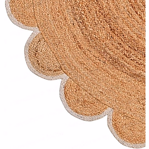 BUNDELA EXPORTS 4x4, 5x5, 6x6,feet Natural Jute Scallop Round Rug, Floor Scalloped Edge Rug Braided Boho Eco Large Circular Handmade Area Rugs (WHT_3x3)