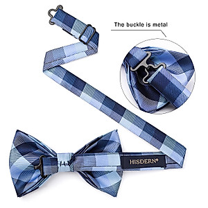 HISDERN Bow Ties for Men Plaid Blue Mens Bowtie Pretied Classic Satin Formal Business Bow Tie Adjustable Tuxedo Bowties for Wedding Party