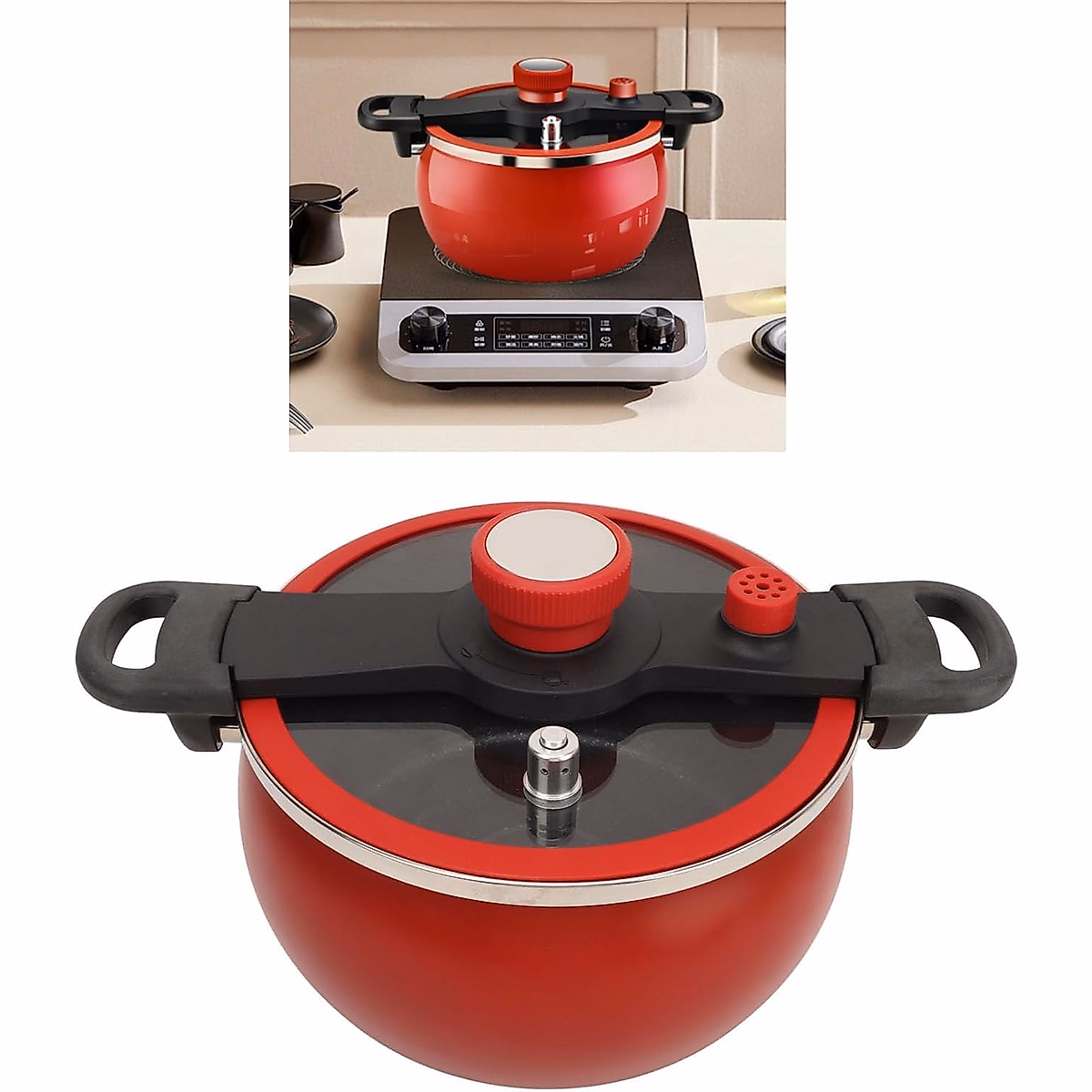 7L Pressure Cooking Pot Anti Stick Heat Resistant Pressure Cooker Binaural Clip Quick Cooking Pot with Visual Pot Lid for Induction, Gas Stove, Electric Stove (Red)