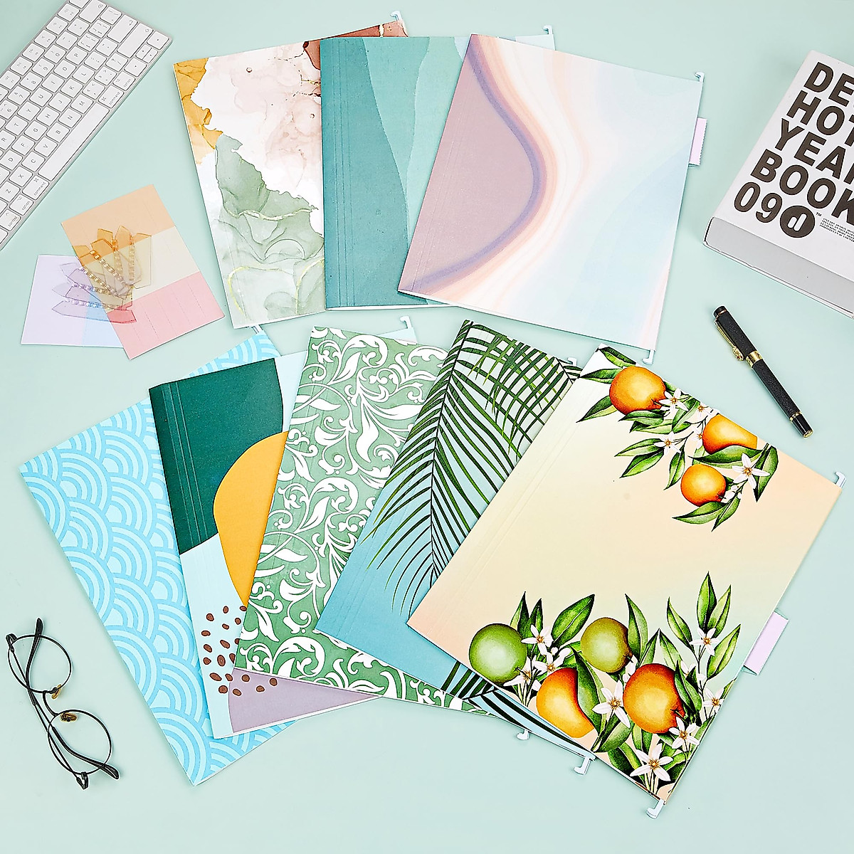 32 Colored Hanging File Folders with Tabs and Inserts, 8 Pretty Graphic Designs, 1/5 Cut Adjustable Tab, 9.3 x 11.7 Inches to Fit Letter Size Documents