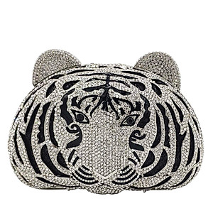 Boutique De FGG Tiger Clutch Purse for Women Evening Bags Formal Party Prom Rhinestone Handbags and Purses (Silver)